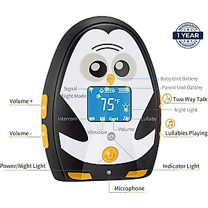 TimeFlys Audio Baby Monitor QQ Portable, Two-Way Talk, Long Range up to 1000 ft, Temperature Monitoring and Warning, Lullabies, Vibration, LCD Display, 1 Adaptor, 1 Set of Rechargeable Batteries