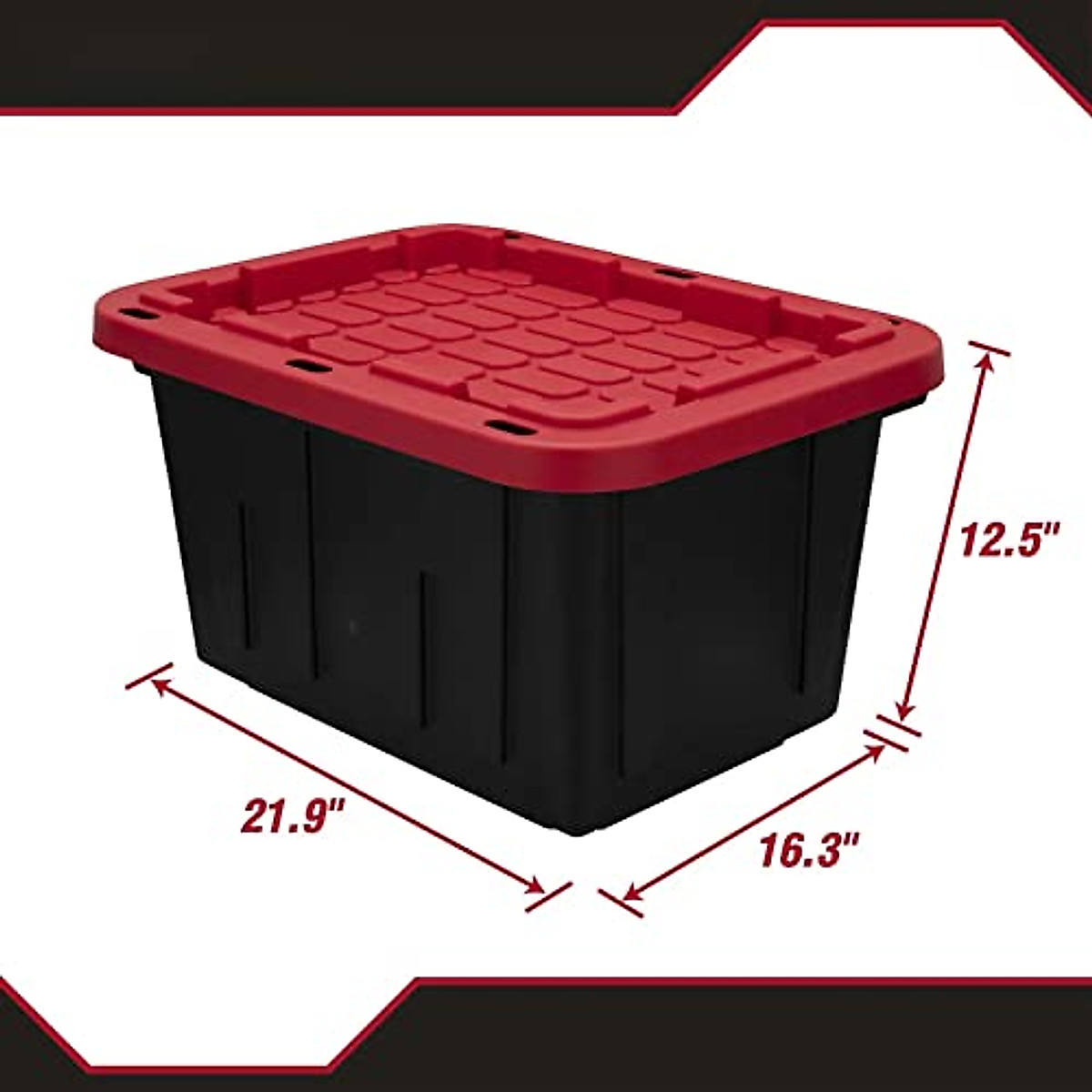 12 Gallon Snap Lid Stackable Plastic Storage Tote. Storage Box Plastic With Lid, Stackable and Nestable, For Clothes, Toys, Books, Snacks, Shoes and Grocery Storage Box, Black Base/Red Lid