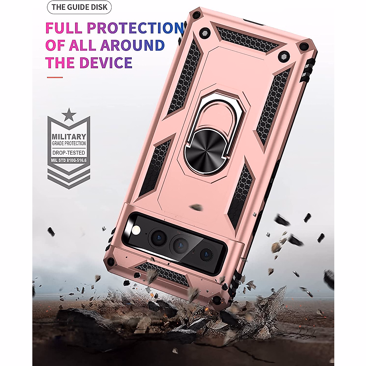 SunRemex for Google Pixel 7 Pro Case with Invisibility Screen Protector, Magnetic Ring Holder Kickstand,[Military Grade] 20ft. Drop Tested Protective Phone Case for Google Pixel 7 Pro (Rose Gold)