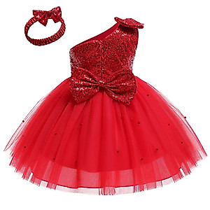 RUYUYIRU Baby Girls Sequin One Shoulder Dress Toddler Tutu Flower Princess Girl Pearl Wedding Birthday Party Dresses for Toddler Baby Girls Holiday Dress Gown