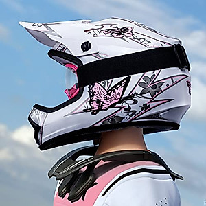TCMT DOT Certified Youth Pink Butterfly Dirt Bike ATV Offroad Street Motorcycle Motocross Helmet Goggles Gloves (L)