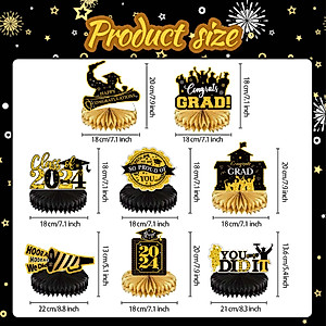 2024 Graduation Party Decorations - Black Gold Class of 2024 Graduation Party Decor Honeycomb Centerpieces for Tables Congratulate for 2024 Congrats Grad Party Supplies 8 Pcs