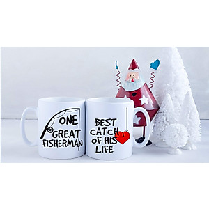 AW Fashions One Great Fisherman, Best Catch Of His Life Couples Mug - Funny Couple Mug - (2) 11OZ Coffee Mug - Funny Mug Gift Set - Mugs For Husband and Wife - Him And Her Gifts