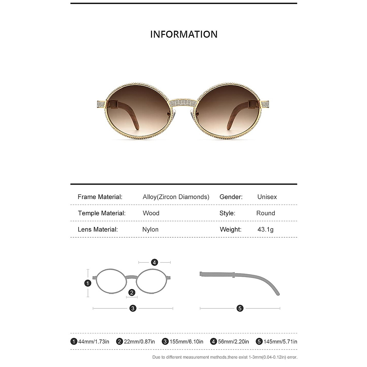 HEPIDEM 100% Really Buffalo Horn Luxury 720pcs Diamonds BUffs Sunglasses 7550179 (Wood Frame Gradient Tea Lens)