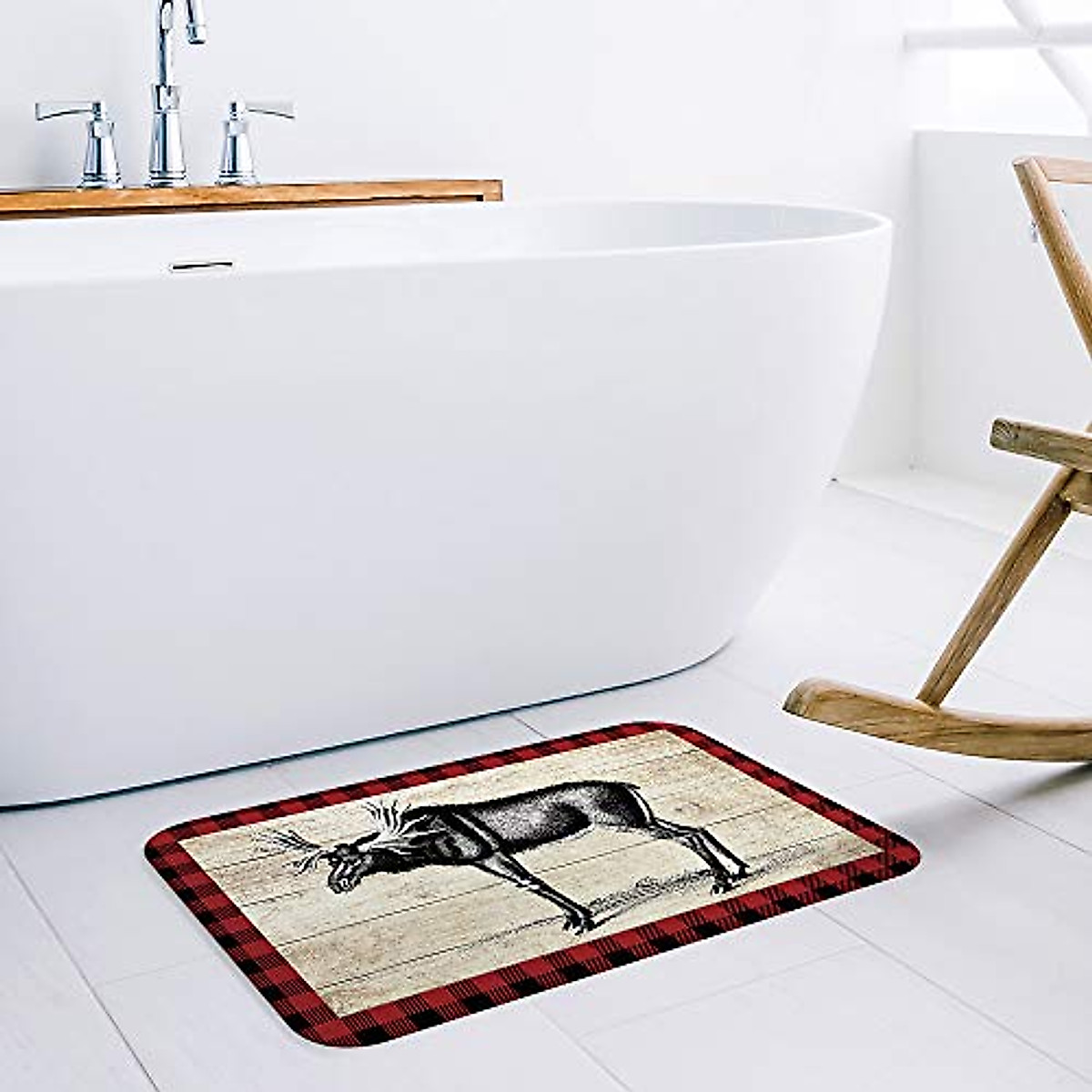 Christmas Bath Rugs Winter Christmas Reindeer Sponge Doormat Absorbent Non Slip Durable Flannel Mat Red Buffalo Plaid Retro Wood Grain Christmas Memory Foam Mats for Bathroom Kitchen 18 x 30 inches