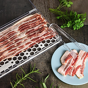 GlossyEnd Bacon Keeper Storage Container with Tong, Deli Meat Storage Container with Perforated Tray for Freshness, Clear Durable Plastic - Dishwasher and Freezer Safe - Size: 11” x 6.5” x 2”