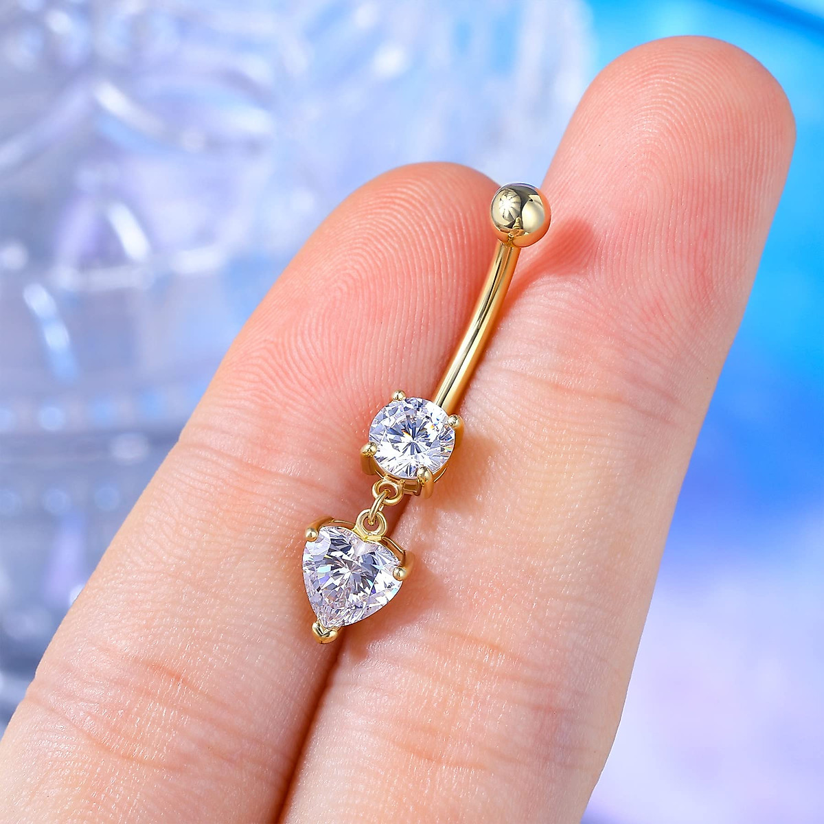 CM Crareesi Mania 14K Gold Belly Rings for Women Dangle CZ Belly Button Rings 14K Solid Yellow Gold Belly Button Piercing Jewelry 14G Heart Navel Piercing Jewelry