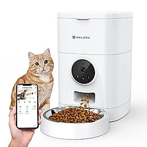 DLT-DELOTA Floodlight Outdoor Home Automatic Cat Feeder with Camera,4L Automatic Cat Feeders with 4MP Camera, 10s Voice Recorder, 2.4G WiFi Cat Feeder Automatic with Smart APP Control and Timer