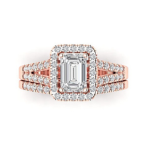 Clara Pucci 1.57 ct Emerald Cut Clear Simulated Diamond 14k Rose Gold Halo Solitaire W/Accents Wedding Engagement Promise Ring size 8