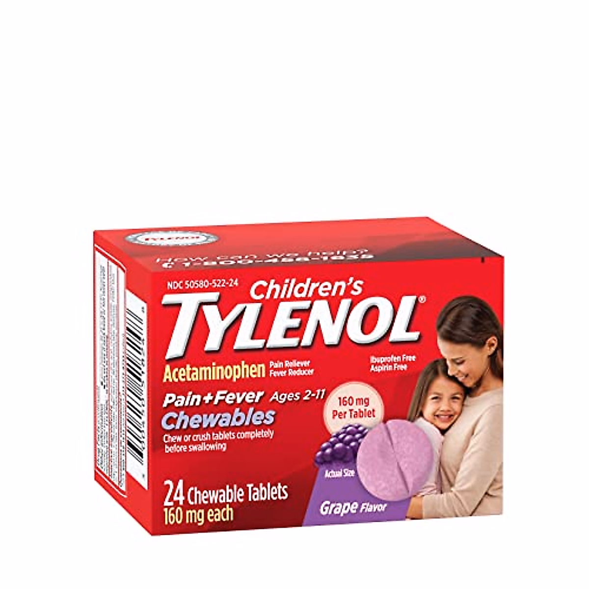 Tylenol Children's Chewables, 160 mg Acetaminophen for Pain & Fever Relief, Grape, 24 ct
