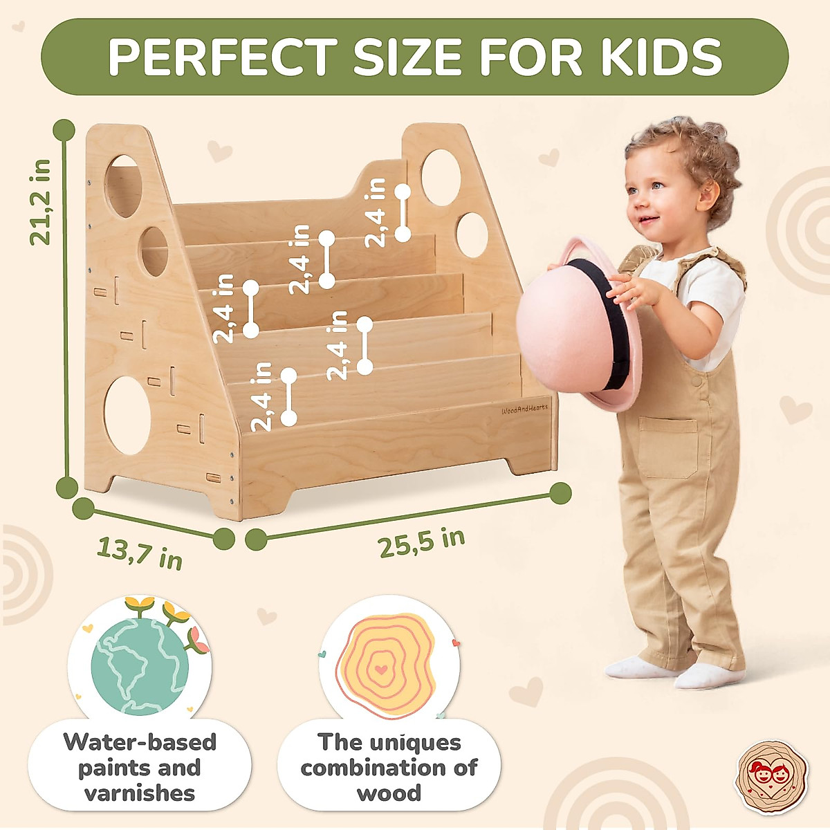 WoodandHearts Kids' Bookcases, Cabinets & Shelves, Nursery bookshelf, Childrens bookshelf, Bookshelf for kids, Montessori Shelf, Preschool Bookshelf, Montessori furniture for 1 year old (Kristi)