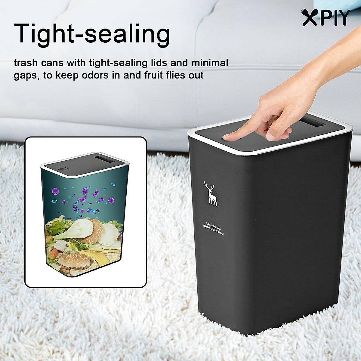 XPIY Trash Can with Lid, 2 Pack 4 Gallons/15 Liters Garbage Can with Press Top, Small Trash Can Dog Proof, Plastic Trash Bin, Waste Basket for Bathroom|Kitchen|Bedroom|Office (2, Black)