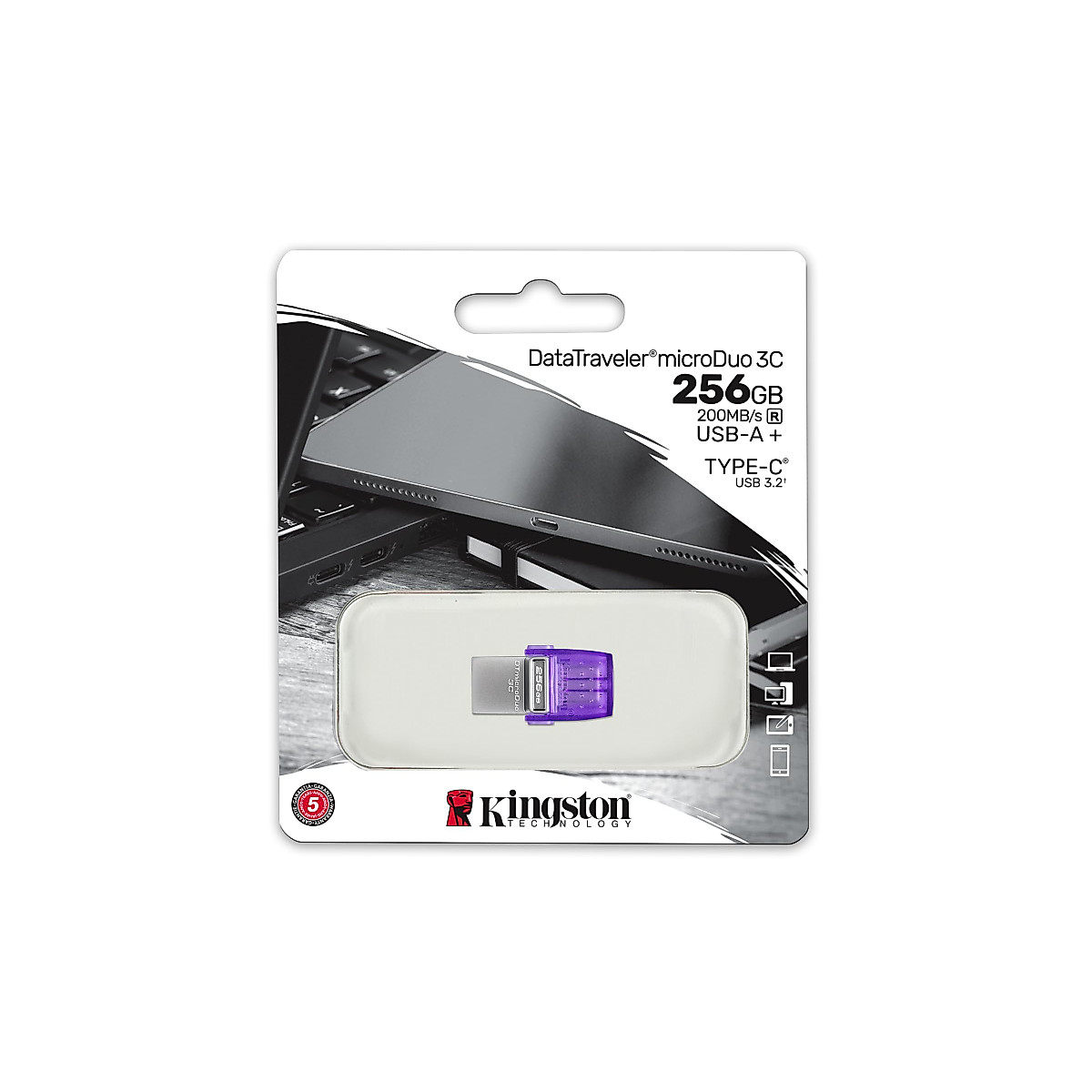 Kingston DataTraveler microDuo 3C 256GB USB-C & USB-A Flash Drive | Speeds up to 200 MB/s | USB 3.2 Gen 1 | Duo Connector | DTDUO3CG3/256GB