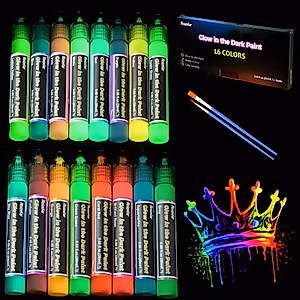 Roizefar Fabric Paint, 16 Colors Glow in the Dark Paint, 3D Permanent Acrylic Textile Paint (20 ml/0.68 oz), Neon Craft Painting Fabric Paint for Clothes, Canvas, T-Shirt, Ideal for Art Supplies and