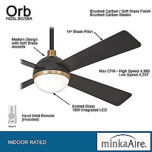 MINKA-AIRE F623L-BC/SBR Orb 54 Inch Ceiling Fan with Integrated 16W LED Light, Black Brushed Carbon/Soft Brass Finish