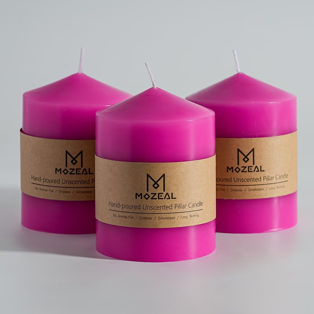 MOZEAL 3" x 4" Hand-Poured Unscented Pink Pillar Candles,Dripless Candles Set of 3,Smokeless,Clean Burning,Approx 60 Hours Burn Time,Wedding,Dinner,Christmas,Spring and Home Decor（3 Inch Width Series）