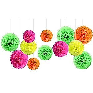 NICROLANDEE Blacklight Party Decorations - 12PCS Fluorescent Neon UV Reactive Glow Tissue Paper Pom Poms & 4Rolls Glow Crepe Paper Streamers for Graduation, Birthday, Fiesta Party, Wedding, Prom Dance