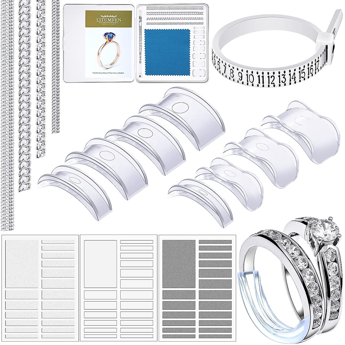 Hicarer Invisible Ring Size Adjusters Guard Ring Sizer Loose Ring Size Adjusters with Ring Sizer Measuring Tool Polishing Cloth for Man and Woman Rings, 69 Pieces (Transparent)