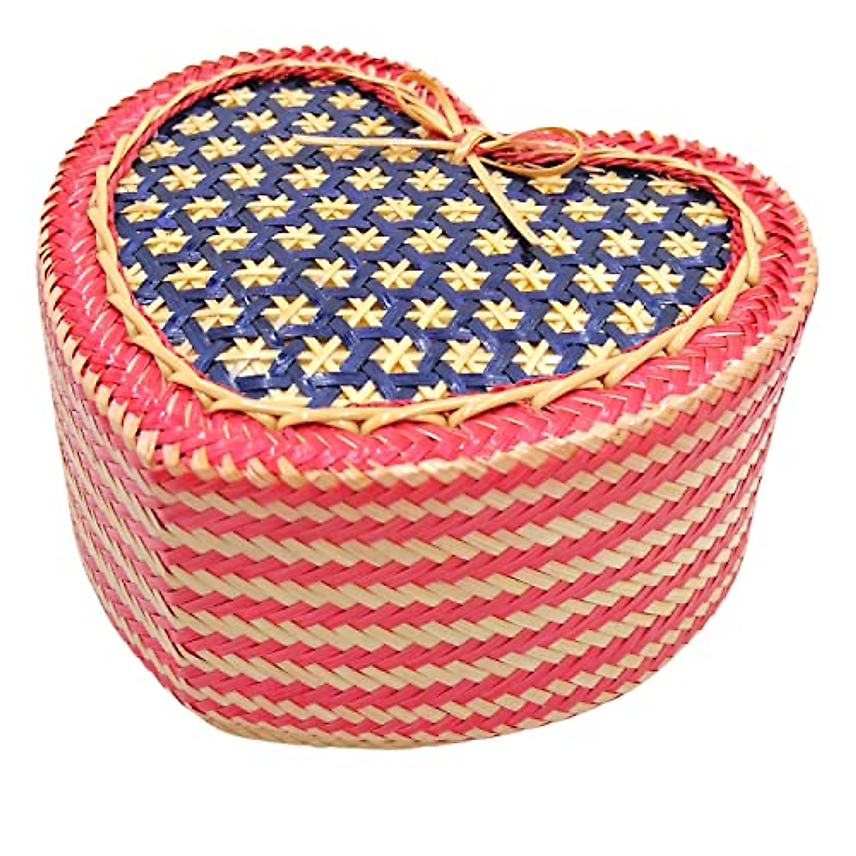Bamboo Sticky Rice Serving Basket 6.2 x 5.2 Inch, Kratip, Intricately Woven Container, Heart-Shaped, Elephant Weave Pattern, Blue, Thailand Handmade, Dyed with Natural Based (American Flag)