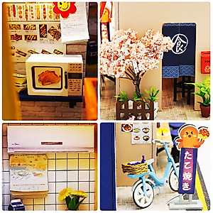 WYD Star Octopus Burning Japanese Style Takoyaki Shop Mini Doll House Kit Assembled LED Light Model Wind and Gift with Dust Cover and Music