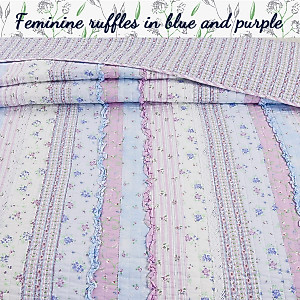 Cozy Line Home Fashions Raelynn Romantic Lace Orchid Light Purple Blue Flower Print Stripe Cotton 3D Bedding Quilt Set, Reversible Coverlet, Bedspread for Girls Women (Lavender,Twin - 2 Piece)