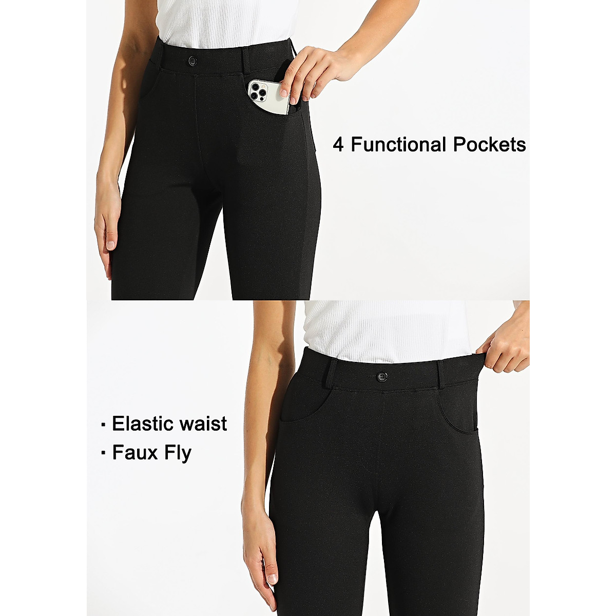 Willit 31" Women's Yoga Dress Pants Bootcut Work Slacks Stretch Office with Belt Loops 4 Pockets Black XL