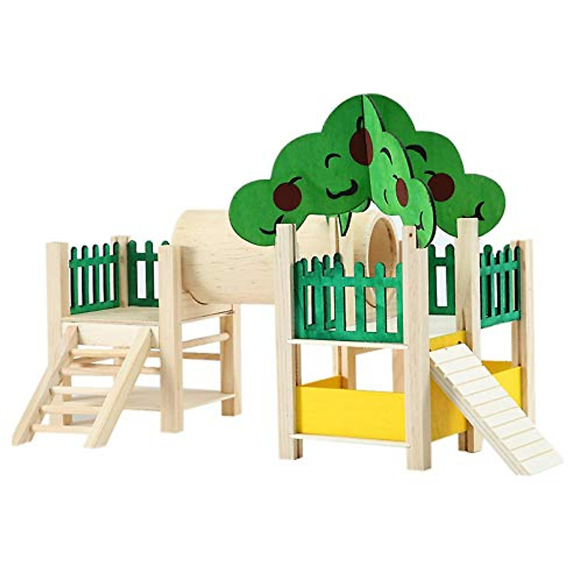 Hamster Houses and Hideouts, Rat Playground Activity Platform Villa with Tube Tunnel Climbing Ladder Natural Wooden Toys Fences and Roofs for Dwarf Mouse, Gerbil,Sugar Glider or Other Small Animals