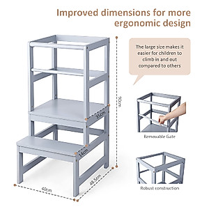 Toddler Tower, Kids Step Stool, Kitchen Helper Step Stool for Kids and Toddlers, 2 Steps Stool with Safety Rail, Wooden/ 40x48.5x90cm/ Grey