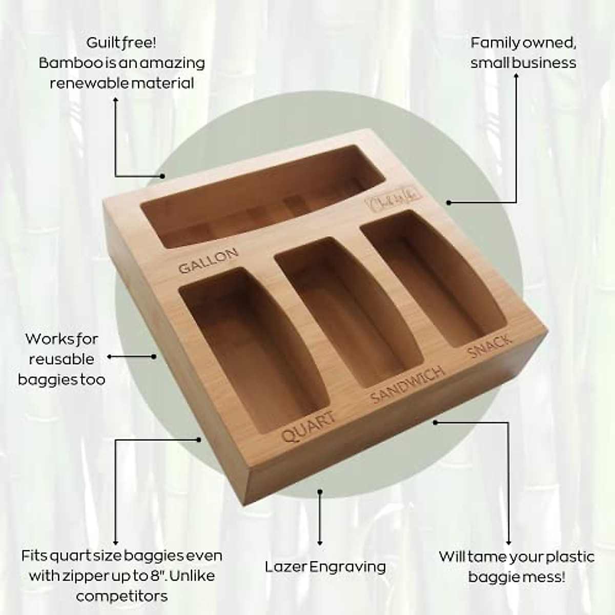 CHEF'S WIFE Ziplock Bag Storage Organizer for the Kitchen Drawer - Eco Friendly Bamboo Plastic Baggie Container - Compatible with Ziploc, Glad, Solimo, Hefty for Snack, Sandwich, Quart & Gallon Sizes