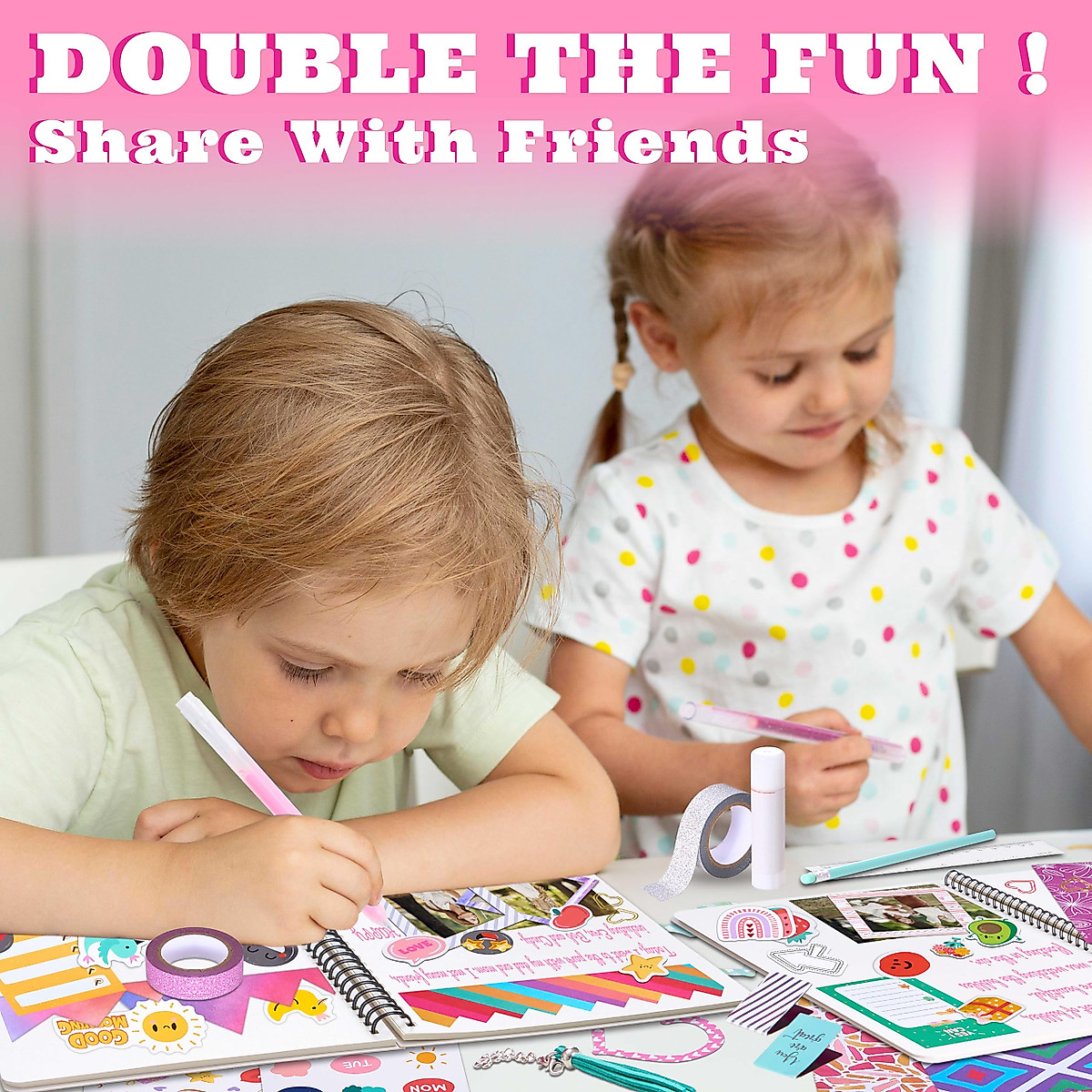 VigorFun 2 Pack DIY Journal Kit for Girls Ages 8-12, Gifts for Teen Girls - Share Scrapbook & Diary Supplies Set with Friends, Journaling Art and Crafts Kit (Purple+Blue)