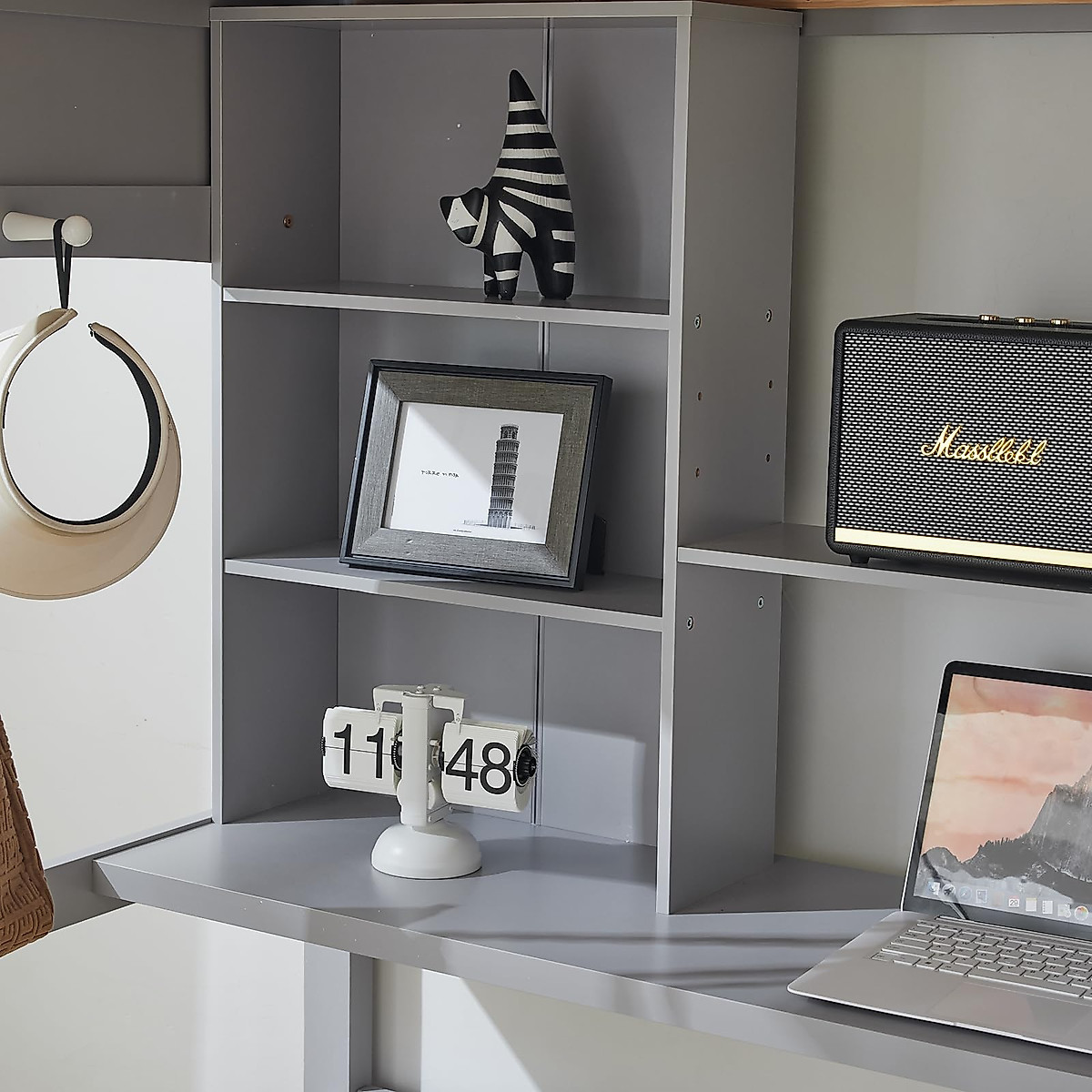 Karl home Loft Bed Twin Size, Wood Bed Frame with Safety Guardrails and Inclined Ladders, Bunk Bed with Desk and Shelves, Grey