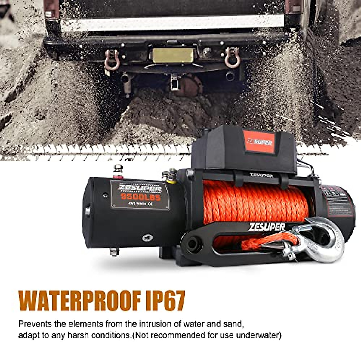 ZESUPER 9500 lbs Electric Winch Kit Waterproof IP67 Electric Winch with Hawse Fairlead, with Both Wireless Handheld Remote and Corded Control Recovery (9500-Rope)