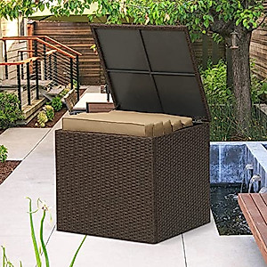 SUNVIVI OUTDOOR 73 Gallon Wicker Deck Box with Waterproof Inner, Hydraulic Pistons, Aluminum Frame for Cushions, Brown