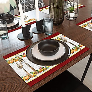 Fall Placemats Set of 6, Autumn Pumpkin Sunflower Heat Resistant Dining Table Placemats, Thanksgiving Red Square Washable Wipeable Linen Fabric Cloth Place Mats for Holiday Farmhouse Kitchen Decor