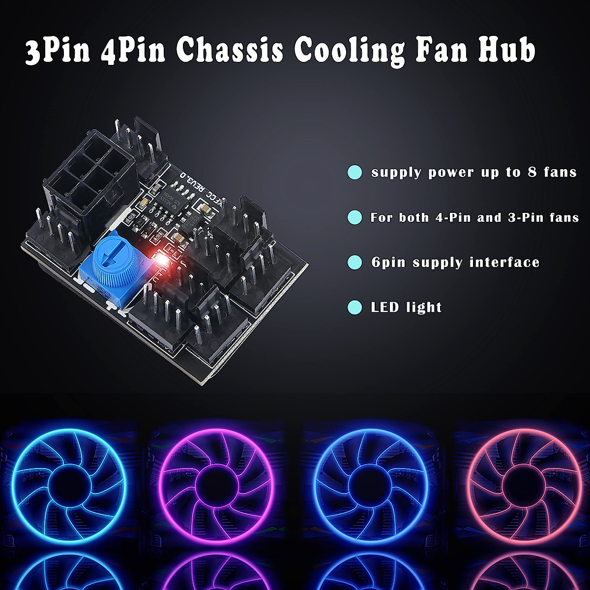 MEIRIYFA 3 Pin 4 Pin Fan Adapter PWM PC Chassis Cooling Fan Hub 8 Way Splitter DC12V Speed Controller with 6 Pin Power Port,Chassis Fan Pressure Regulating Governor