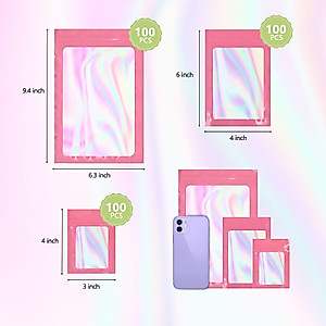 100PCS Smell Proof Mylar Bags Holographic Packaging Pouch Bag with Clear Window,3x4inch Resealable Ziplock Foil Pouch Bags for Food Storage, Candy, Jewelry, Electronics Storage (Pink)