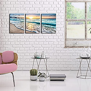 Wieco Art 3 Panel Blue Beach Canvas Wall Art for Home Decor Sunset White Wave Beach Pictures on Canvas Sea View Canvas Prints Artwork for Wall Decor Living Room Decorations