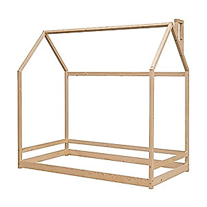 AOCOROE Twin Size House Bed Frame Floor Montessori House Bed Canopy Bed for Boys and Girls. House Shaped Wood Twin Bed Frame Without Slats, Natural