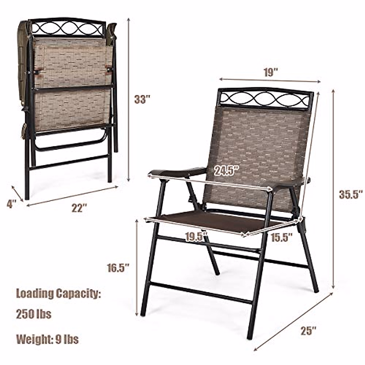 Safstar Set of 4 Folding Patio Chairs, Portable Sling Chairs with Armrests and Metal Frame, Indoor & Outdoor Reclining Chairs for Beach Backyard Balcony (Coffee 4 pcs)