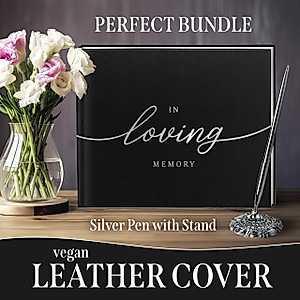 WPF Supplies in Loving Memory Funeral Guest Book 9¨x7¨, Black Funeral Guest Book for Memorial Service with Silver Pen and Holder, Memorial Service Guest Book, Funeral Registry Book