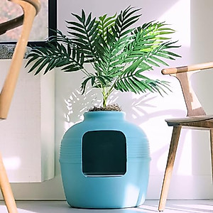 Good Pet Stuff Hidden Litter Box & Reusable Liner Essentials Kit, Round Enclosed Cat Planter Furniture, Fake Plant, Hooded Vented Carbon Filter System for Odor Control, Easy to Clean, Caribbean Blue