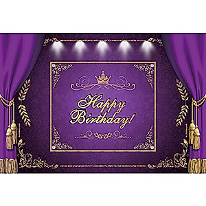5x3FT Purple Happy Birthday Backdrop Purple and Gold Curtain Crown Floral Texture Decoration for Women Photography Background Party Decorations Banner Supplies Photo Booth Studio