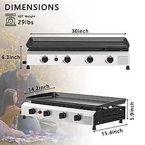 SKOK 4 Burner Flat Top Gas Griddle-30 Inch Outdoor Propane Griddle-40000 BTU Propane Fuelled, Portable Gas Grill Camping Griddle Station for Kitchen, BBQ, Camping