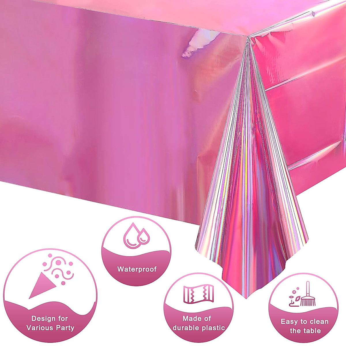 Whaline 6Pcs 108 x 54 Inch Iridescent Pink Plastic Tablecloths Shiny Rainbow Rectangle Disposable Table Covers Holographic Foil Table Cloth for Birthday Wedding Bridal Shower