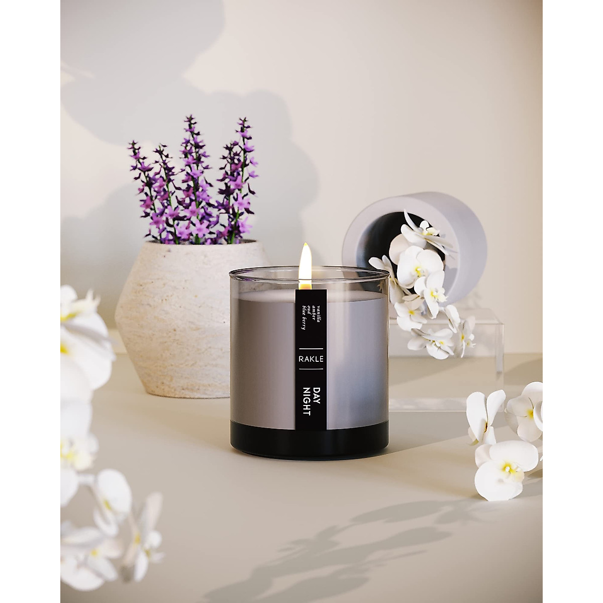 RAKLE Candles for Home Scented – Vanilla Amber Scented Candle 7.4 oz – Premium Soy Wax Blend Candle Jar with Lid for Home, Meditation, Aromatherapy – Delightful Long Lasting Scents