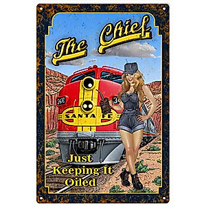 The Chief Railroad Pinup Girl Rust Vingtage Metal Sign Garage Oil Man Cave Signs 8X12 Inch