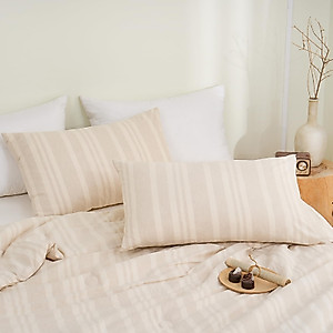 MOVE OVER Striped Linen Comforter Set Queen Linen Cotton Blend Bedding Comforter Set 3 Pieces Wide and Narrow Stripe Design Neutral Style Flax Comforter Set for All Season