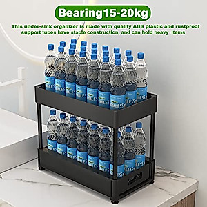Under Sink Organizers and Storage 2 Pack, ZOMILB Bathroom Organizer 2-Tier Sliding Kitchen Cabinet Organization with Hook, Hanging Cup, Multi-purpose Under Sink Shelf Organizer for Home Storage, Black
