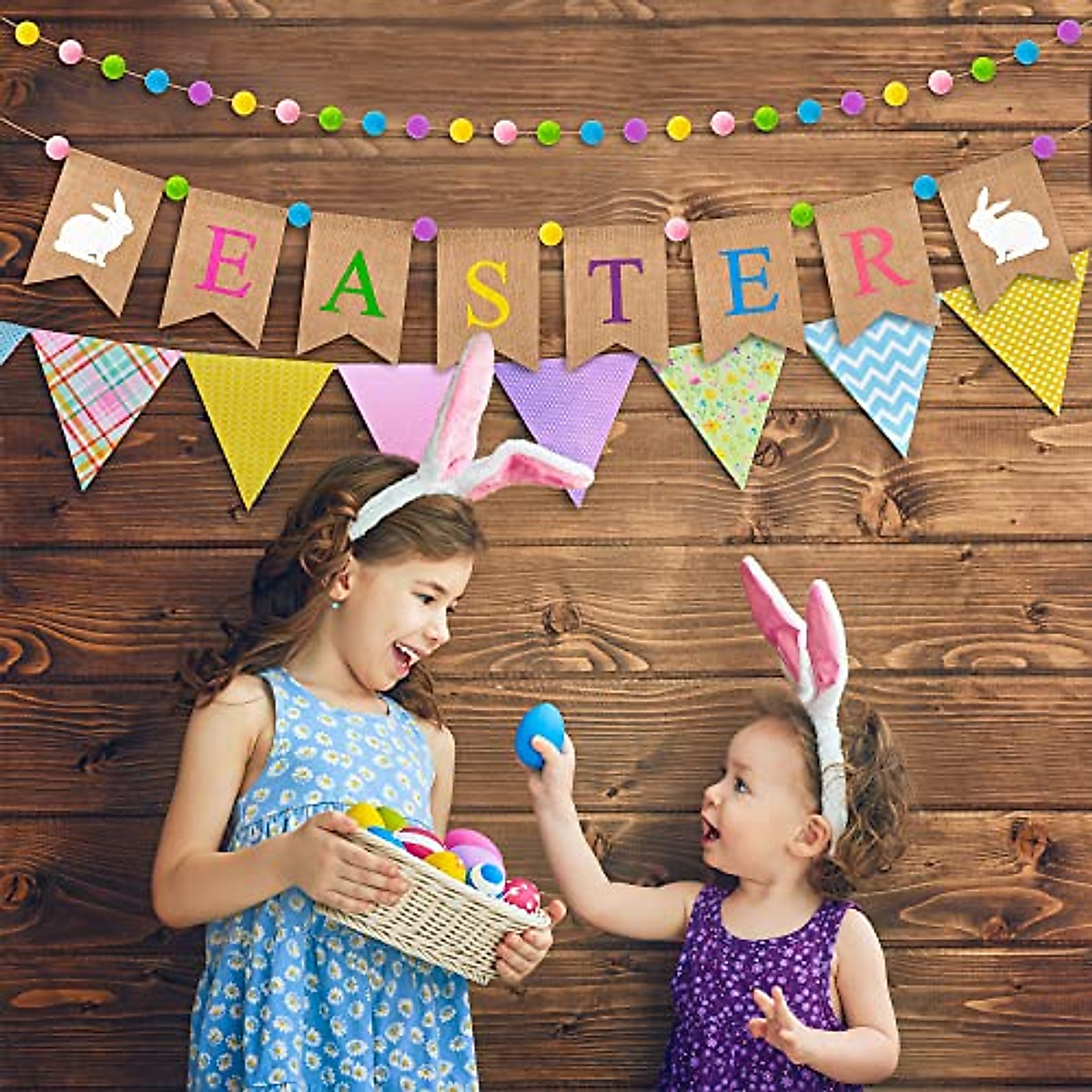 2Pcs Easter Banner Burlap Flag Felt Ball Garland Kit, With Pendants Pom for Centerpieces Easter Decorations Party Decor Fireplace Porch Wall Backdrops