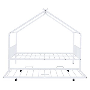 Merax Full Size Metal Floor House Bed Frame with Trundle for for Bedroom Dorm,Boys,Girls